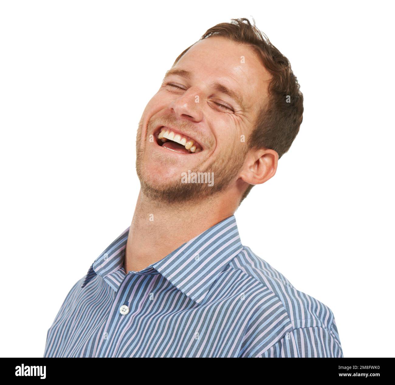 Face, funny and laughing businessman in studio for happy joke, comic ...