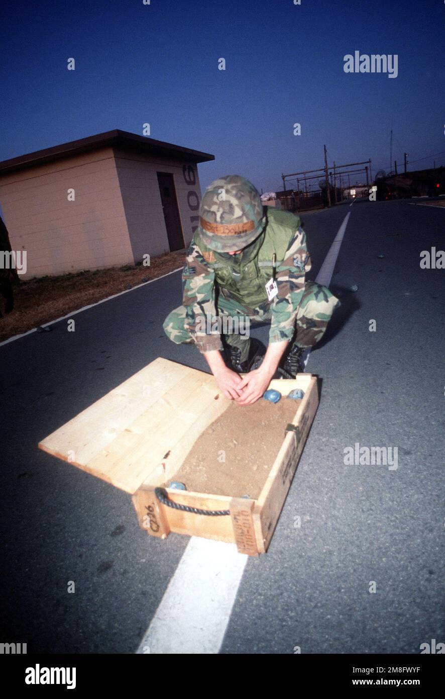 An explosive ordnance disposal (EOD) team member places bomblets in a ...