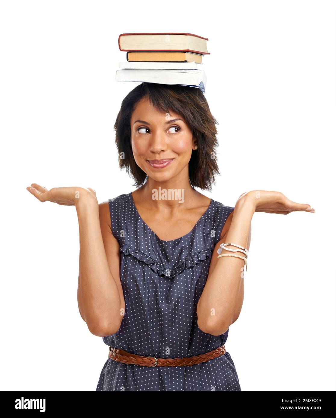 Student, choice or black woman with books, balance or decisions in ...