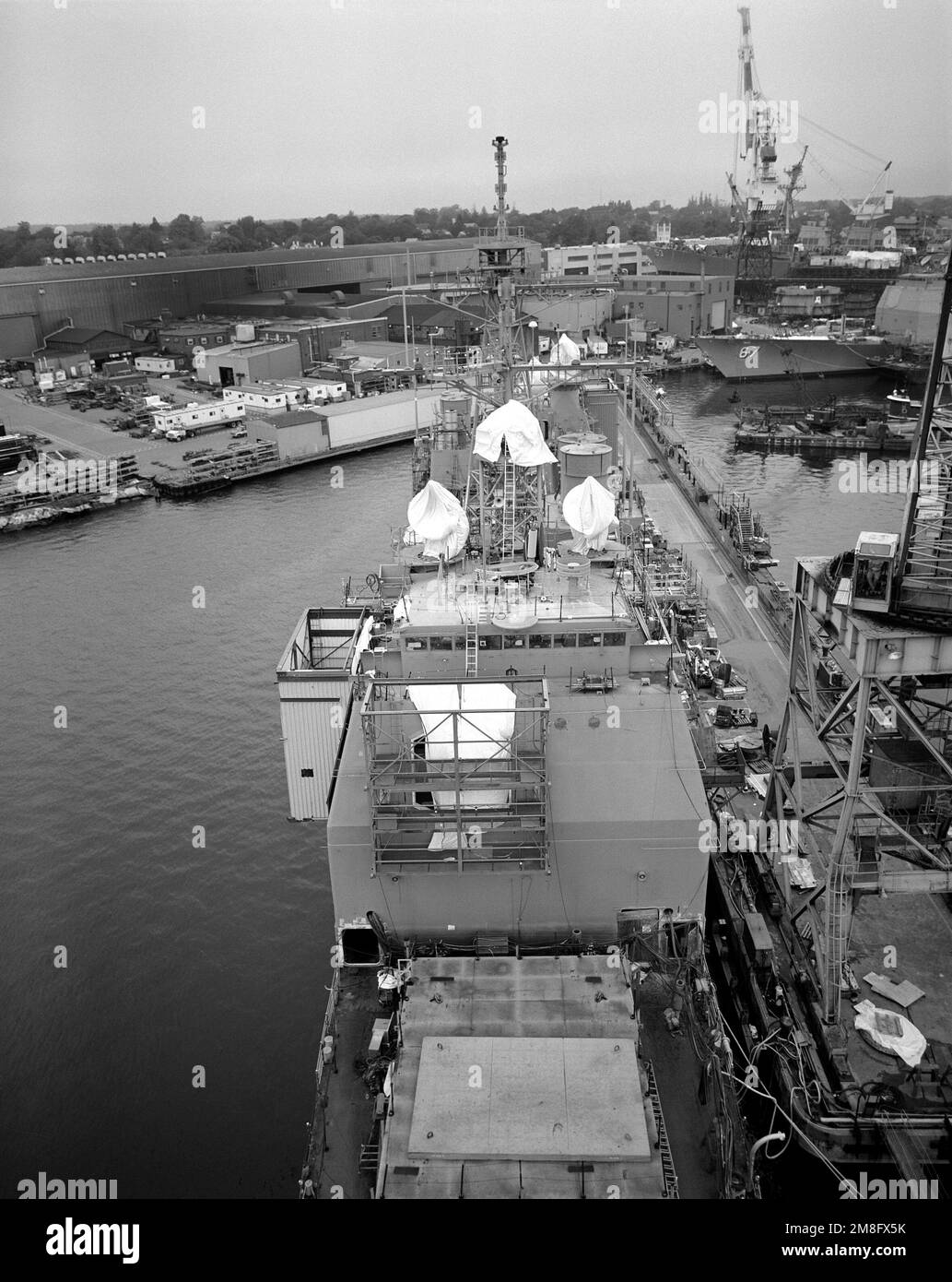 A view of the superstructure aboard the guided missile cruiser USS LAKE ...