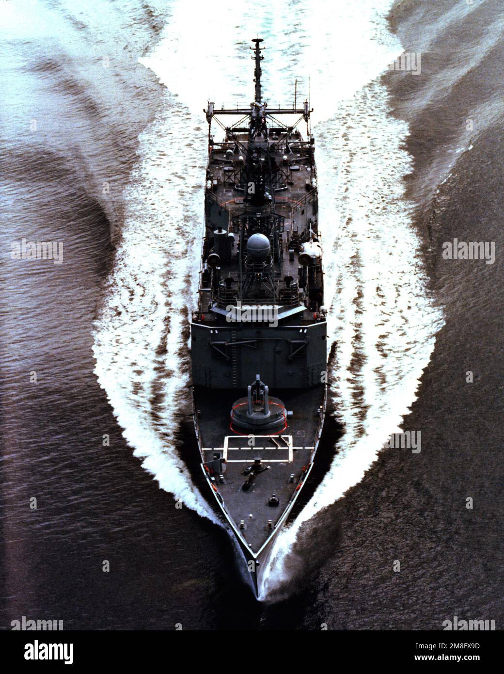 A aerial bow view of the guided missile frigate FAHRION (FFG-22) as ...