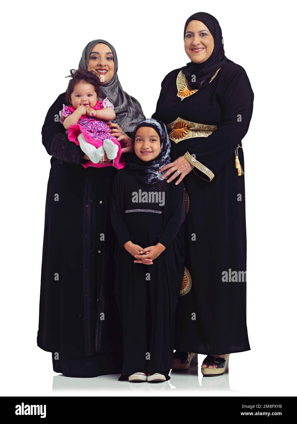 Family portrait, muslim women and children in hijab for Islam religion ...