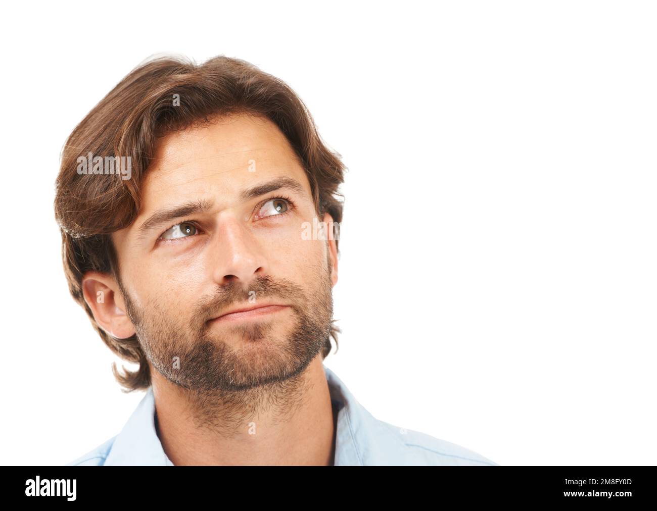 Thinking, idea and face of businessman on a white background for ...