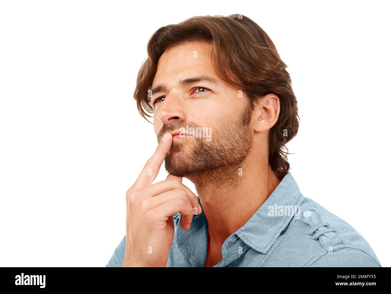 Thinking, idea and face of businessman on a white background for ...
