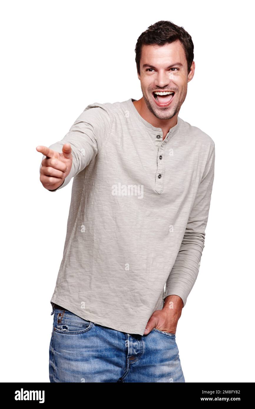 Wow, man and pointing hand in direction with excited, curious and ...