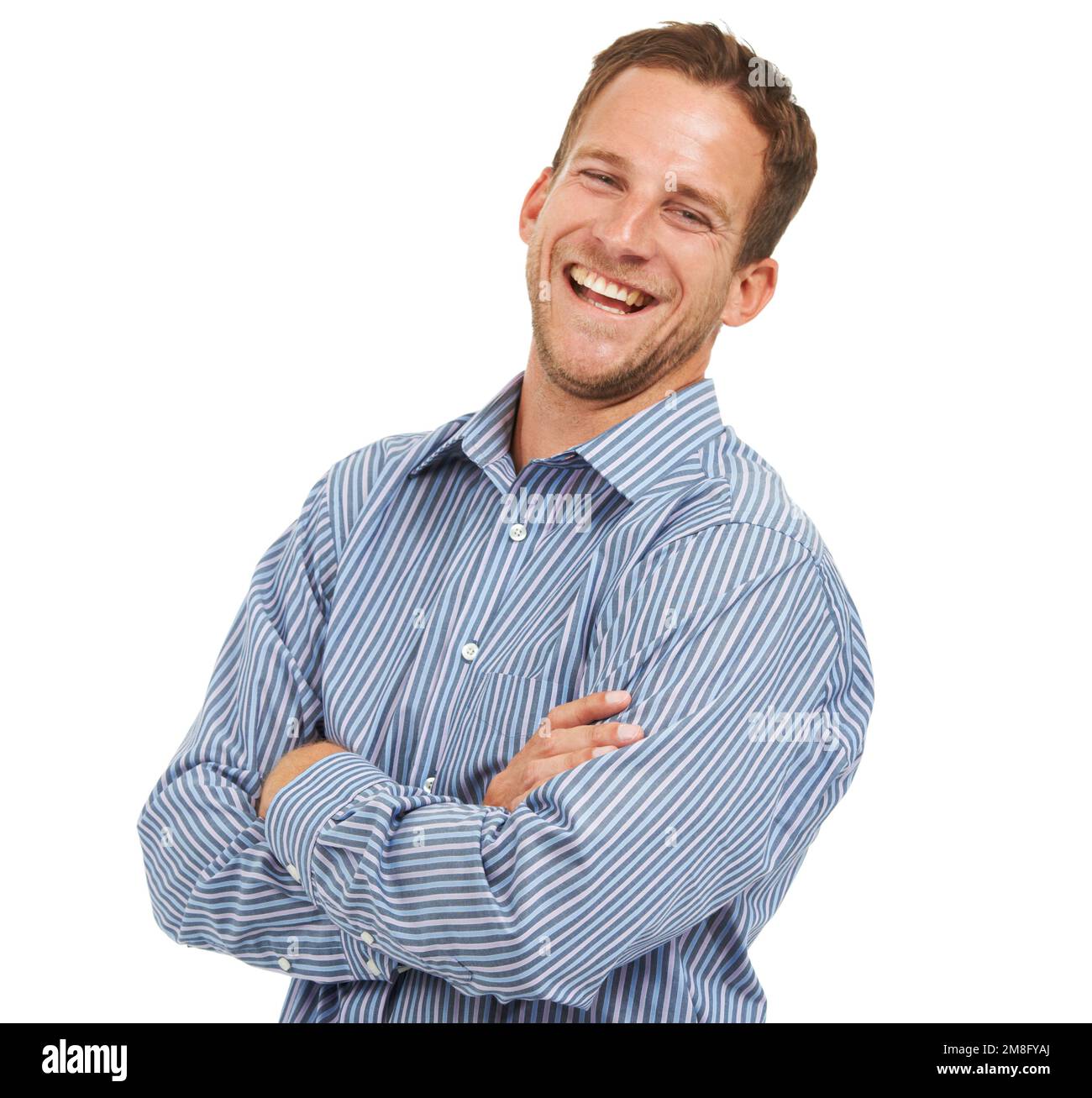 Portrait, laughing businessman and leader with white background, vision ...