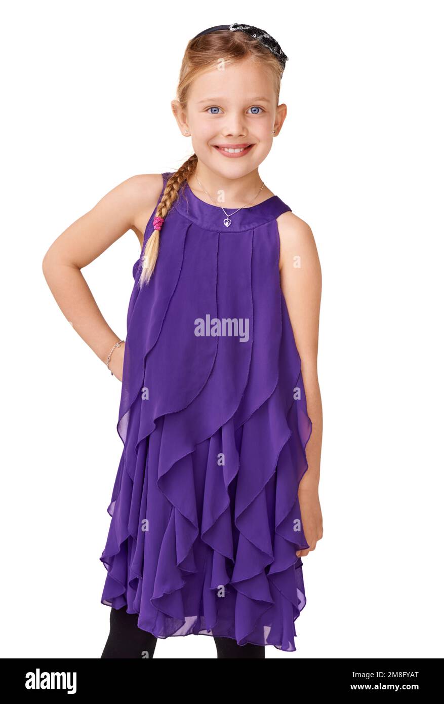 Portrait, dress and young girl with smile, fashion and kid isolated on ...