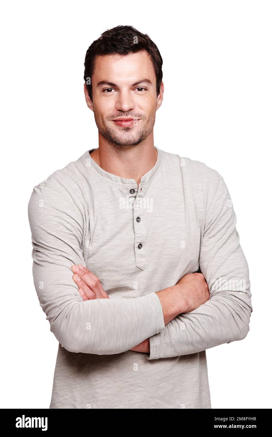 Man, smile and arms crossed with mindset or vision for happy ambition ...