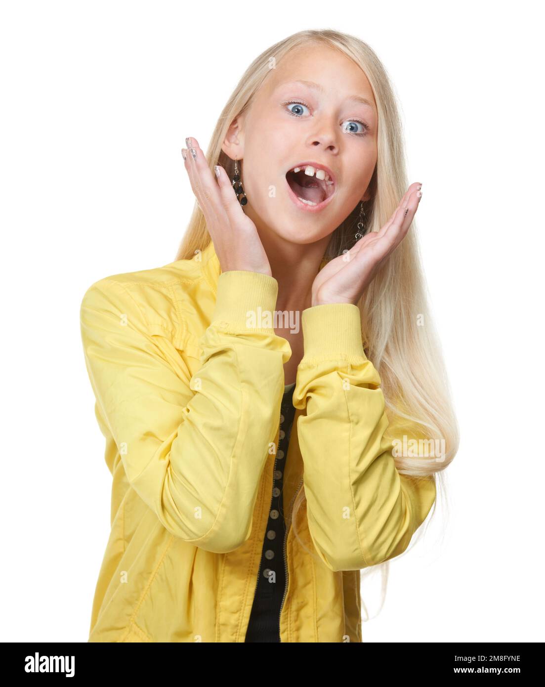 Young girl, smile and surprised face portrait in studio for comic fun ...