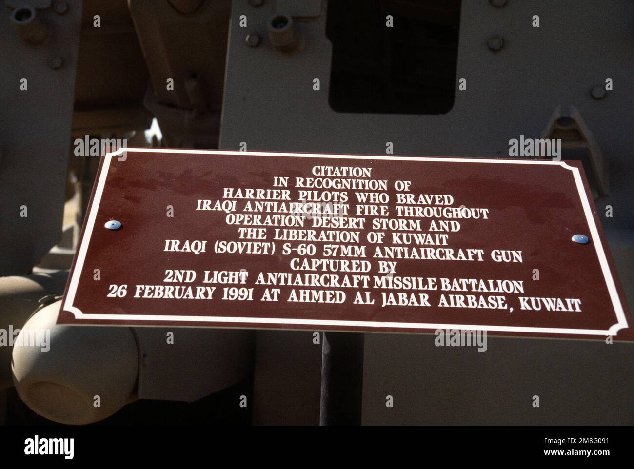 A view of the plaque affixed to an Iraqi S-60 57mm automatic anti ...