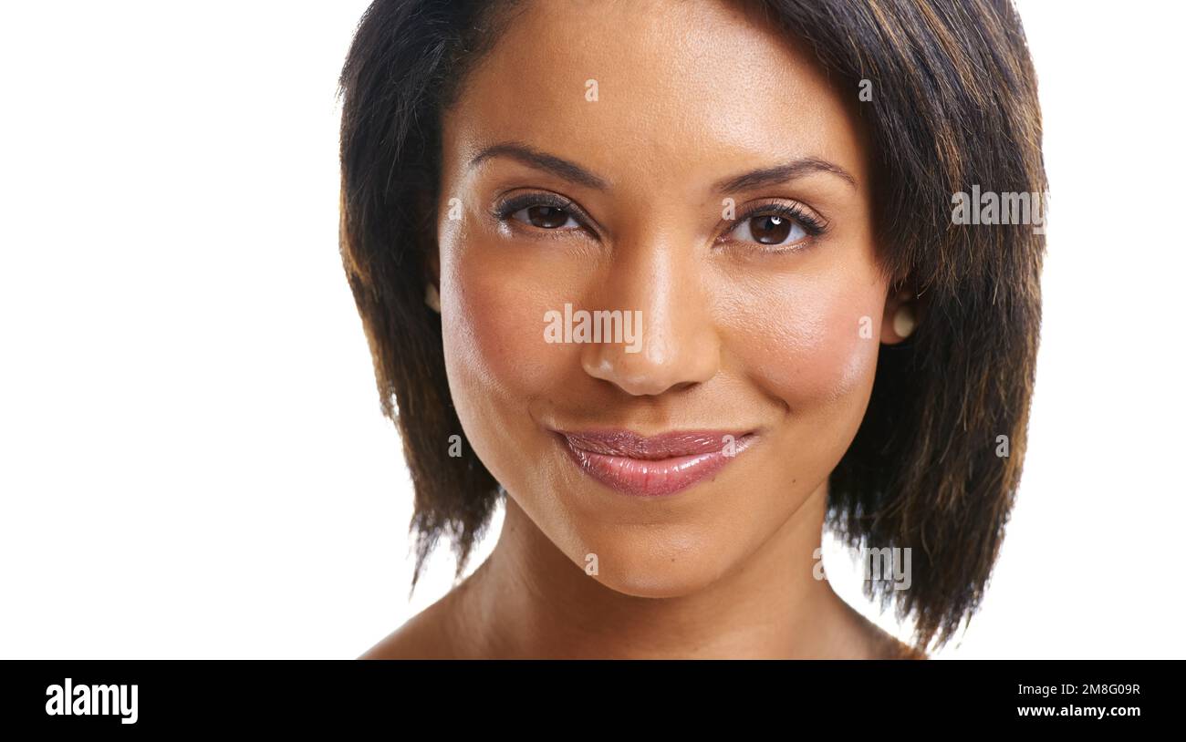 Happy black woman, portrait and brunette hairstyle on isolated white ...