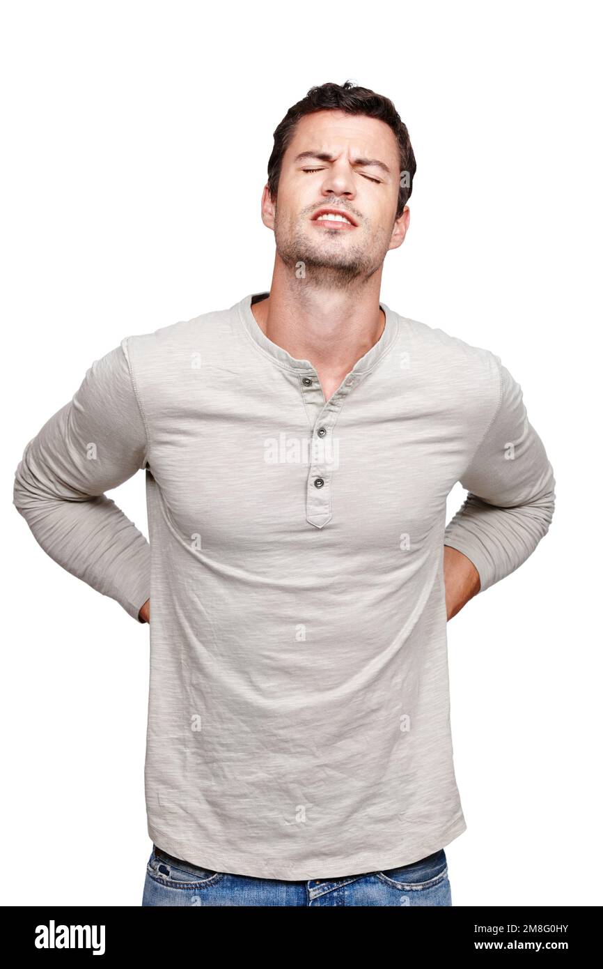 Back pain, spine injury and studio man with emergency crisis, anatomy ...