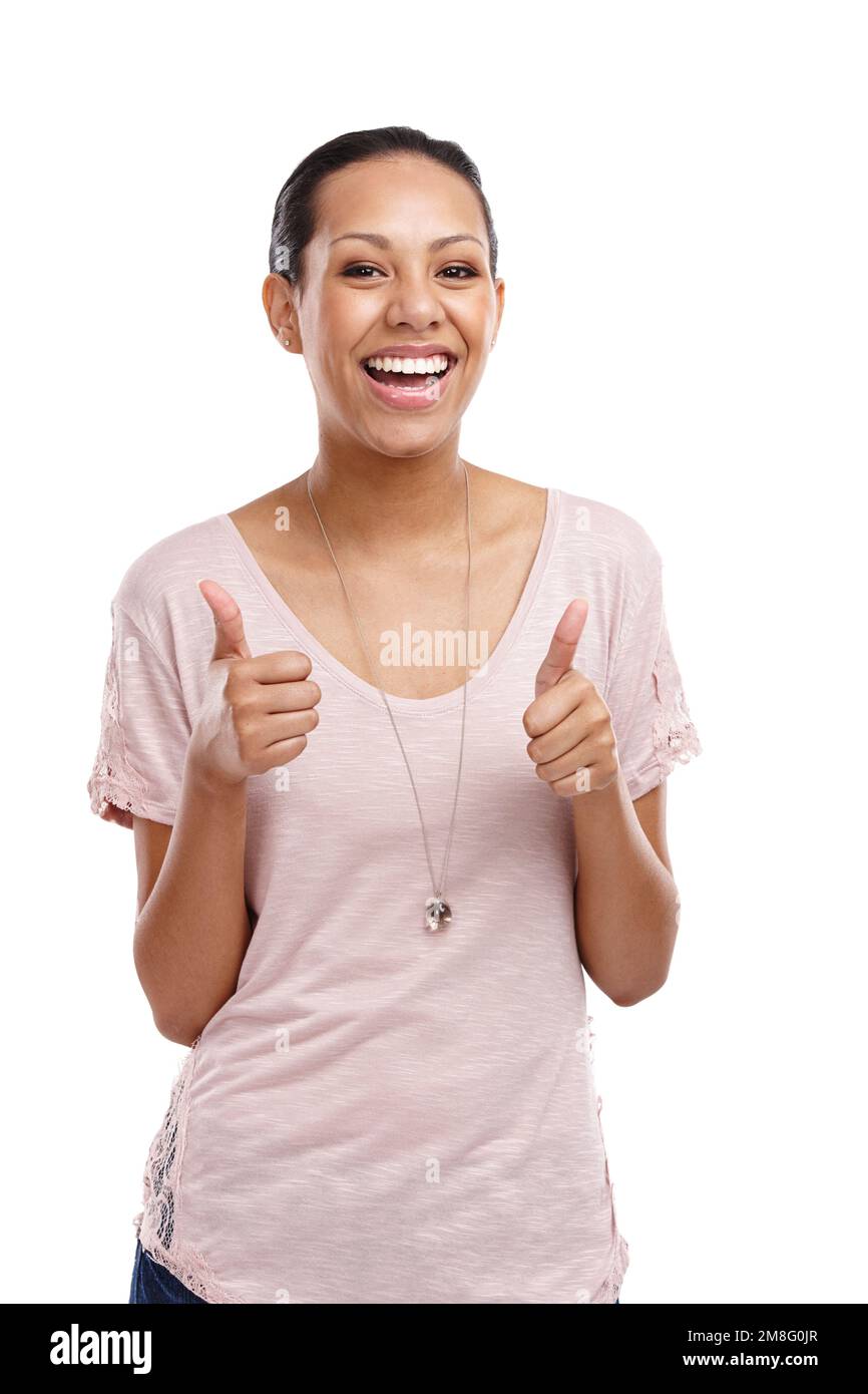 Portrait, thumbs up and motivation with a model black woman in studio ...