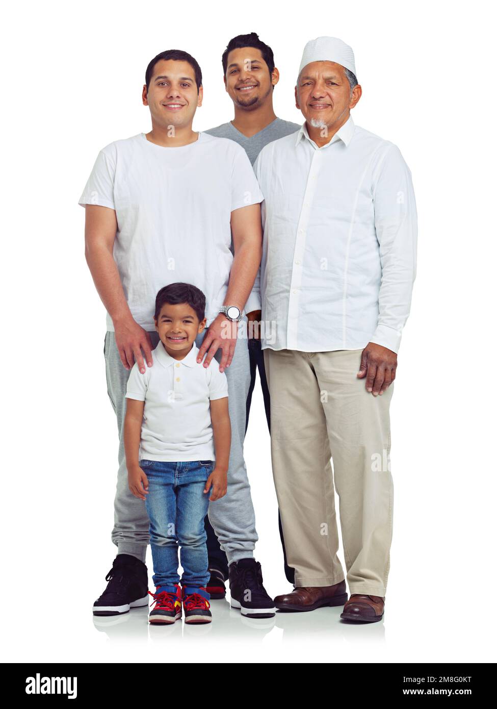 Men, child and muslim family portrait for Islam religion in studio with ...