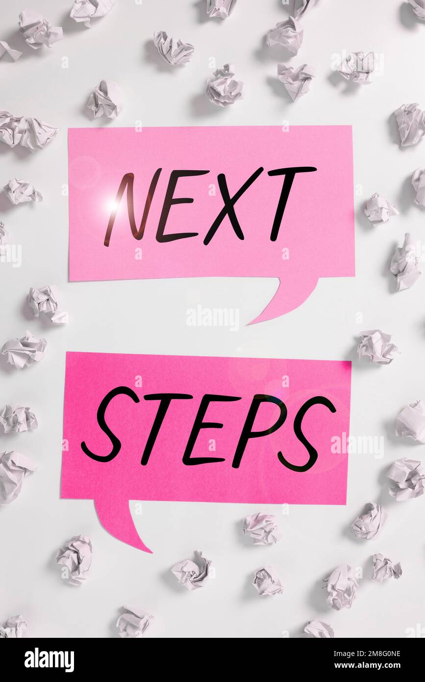 Text caption presenting Next Steps. Business overview numper of process ...