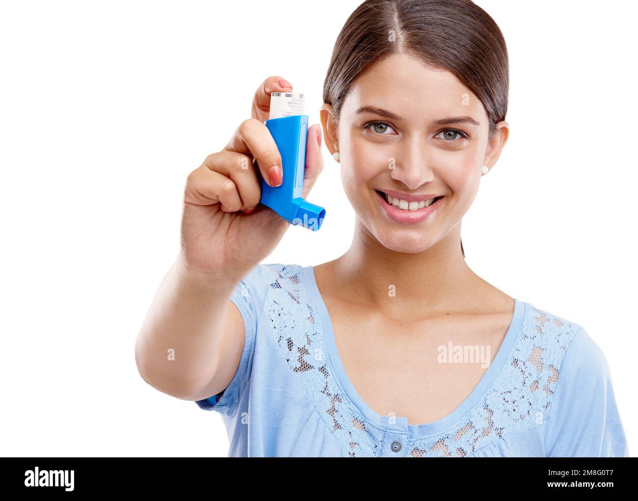 Woman, asthma pump and smile for breathing, relief or respiratory ...