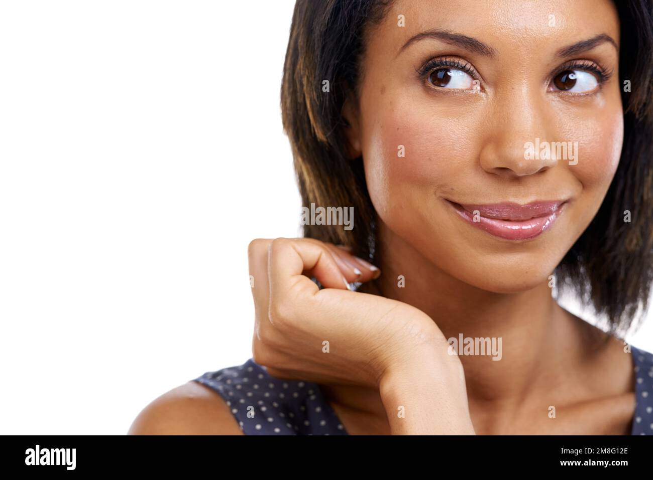 Mockup, studio background and black woman thinking of ideas, mindset ...