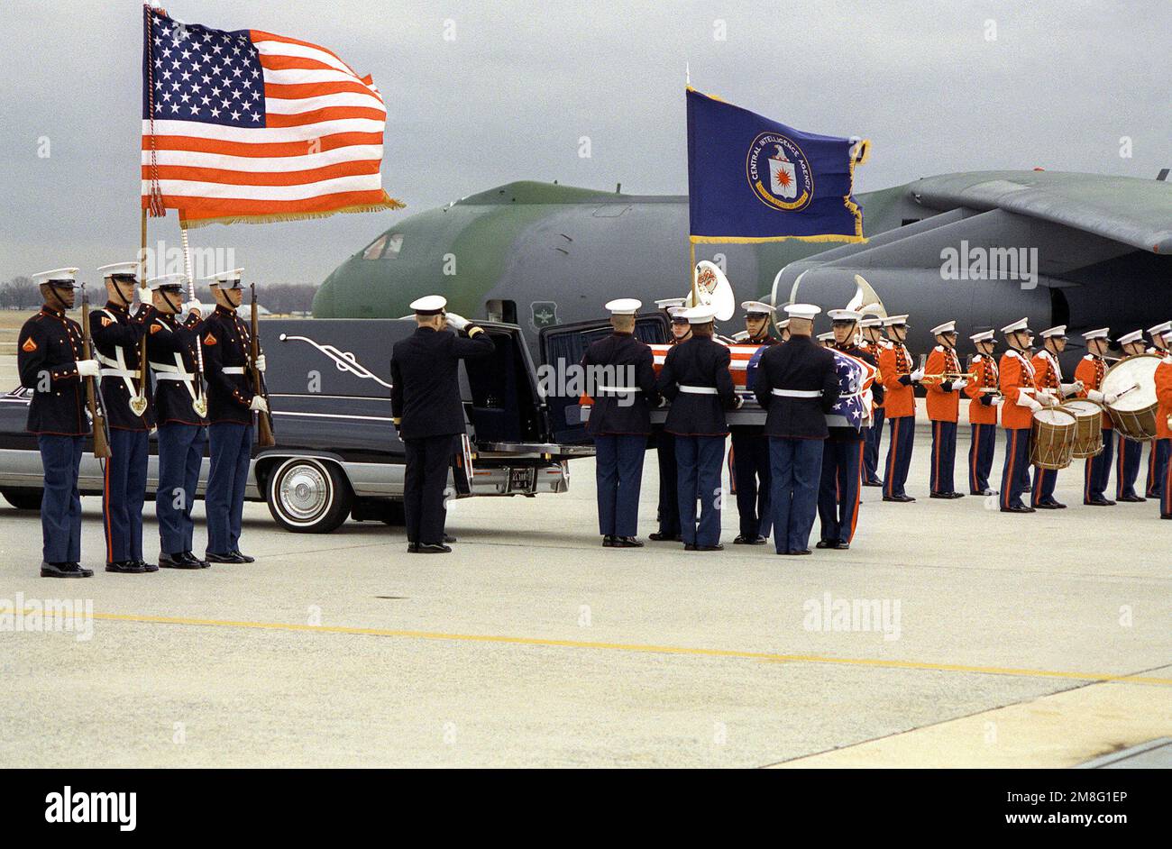 A marine honor guard carries COL William R. Higgins' coffin to a hearse ...