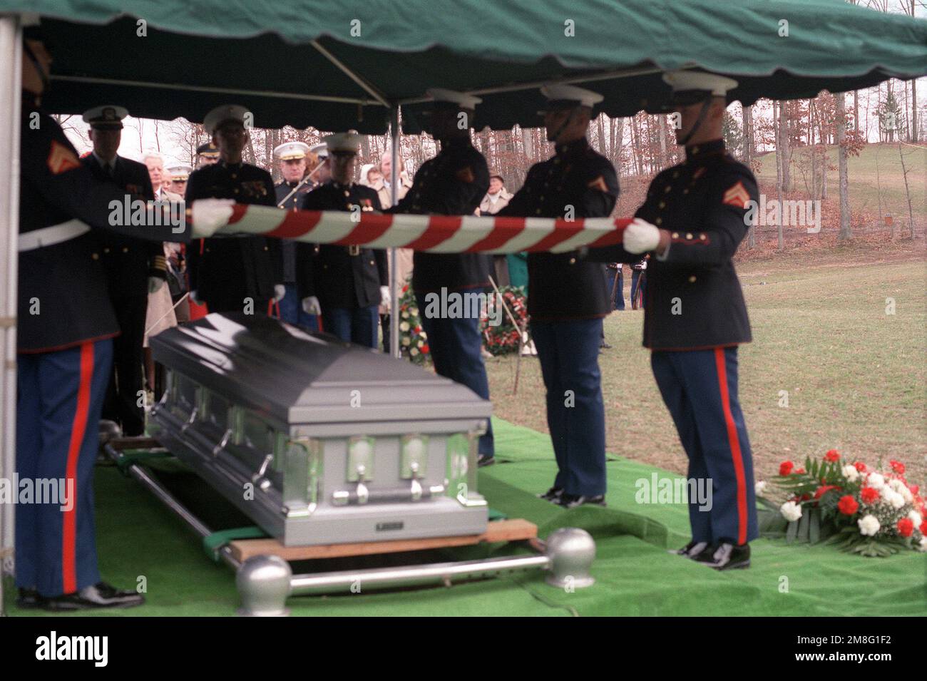 The Marine honor guard escorting COL. William R. Higgins' coffin folds ...