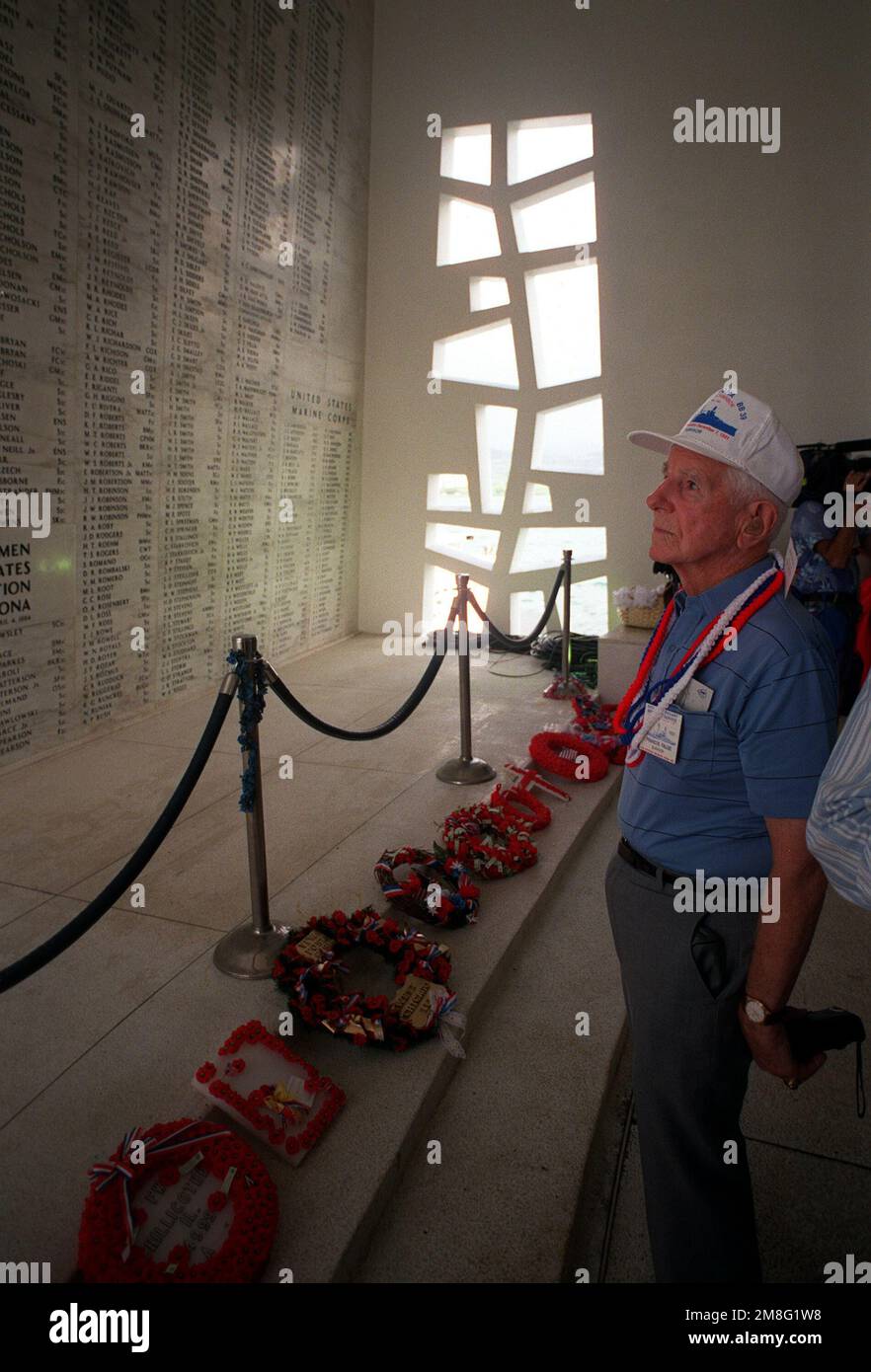USS ARIZONA crew member Frances M. Falge gazes at USS ARIZONA Memorial ...