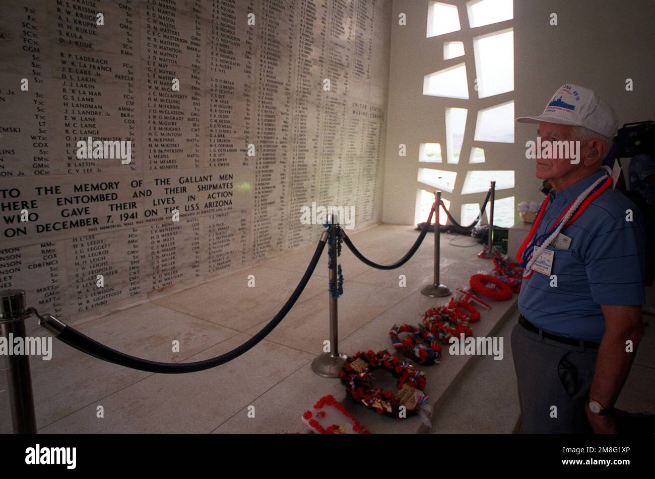 USS ARIZONA crew member Frances M. Falge gazes at USS ARIZONA Memorial ...