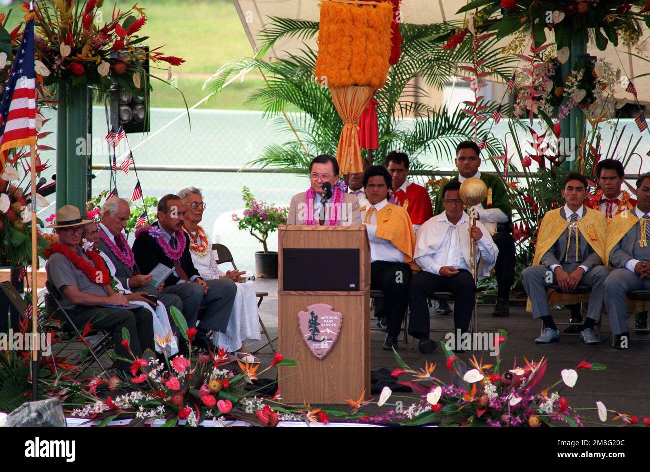 U.S. Senator Daniel Inouye of Hawaii addresses USS ARIZONA survivors ...