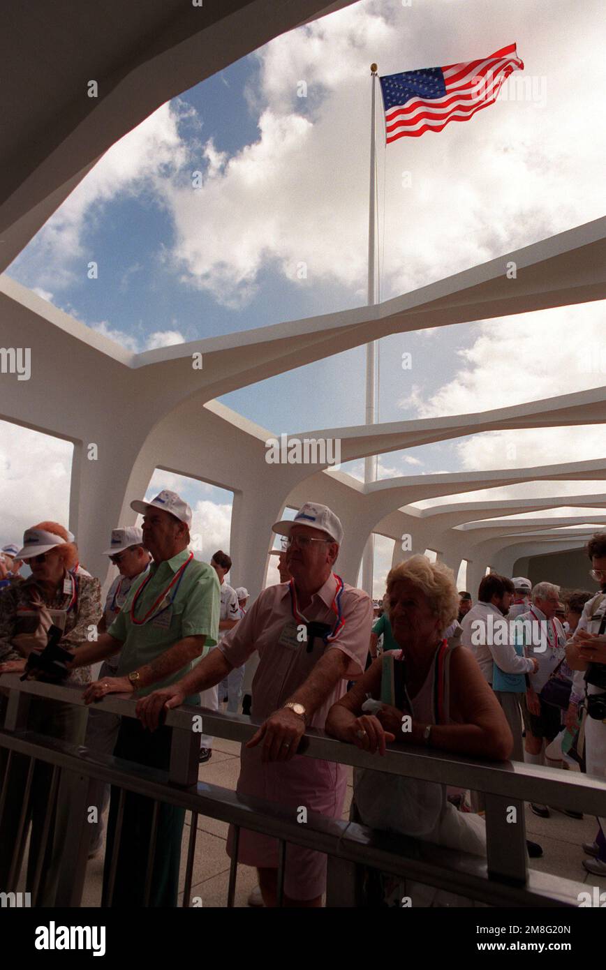 USS ARIZONA survivors look into the green waters that entomb their ...