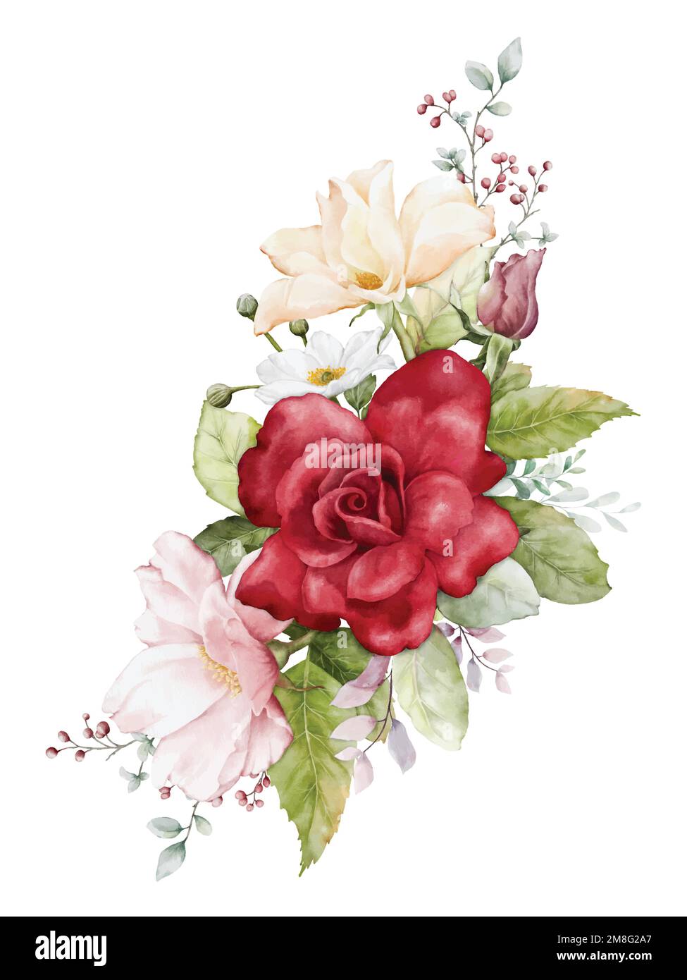Watercolor arrangements with rose flowers. Bouquets of rose pink, red, yellow, and leaves ...