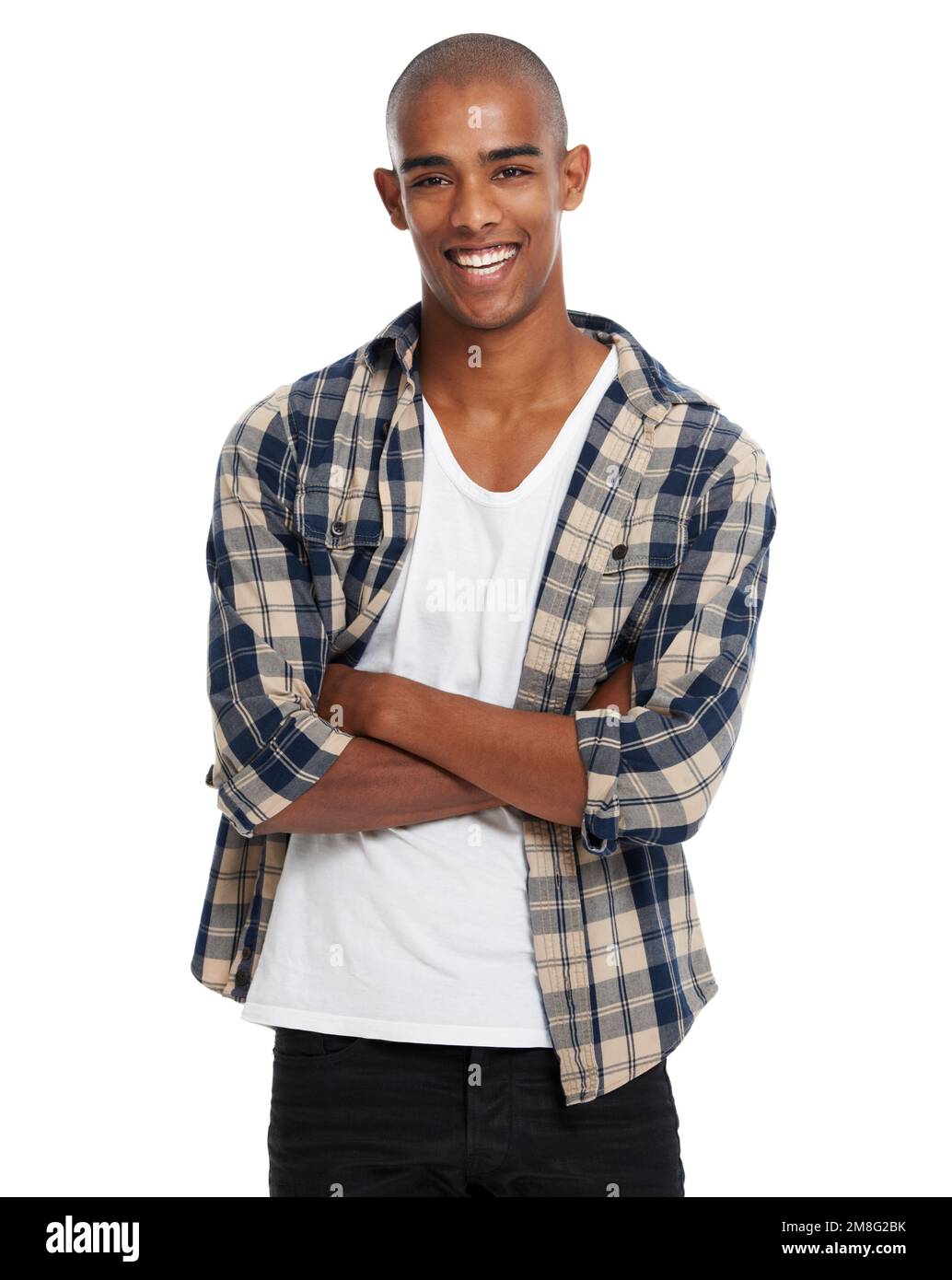 Portrait, fashion and bald with a black man arms crossed in studio ...