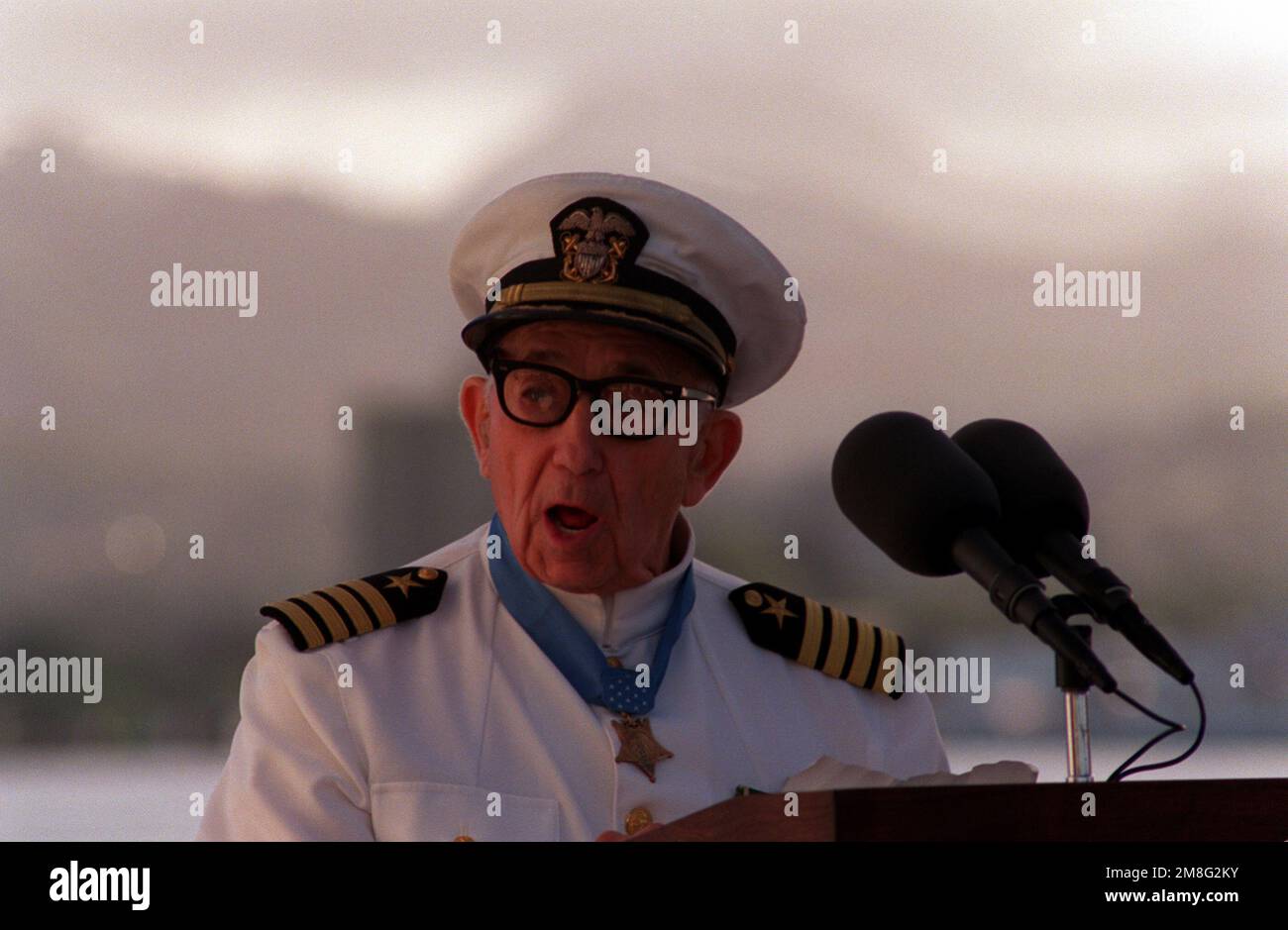 CAPT Donald K. Ross, USN (Ret.) speaks during an observance commemorating the 50th anniversary ...