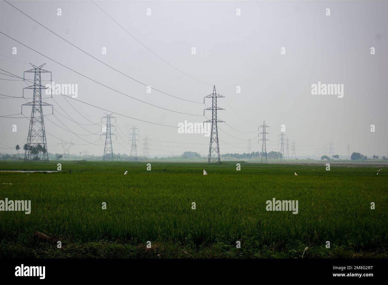 High voltage electric current power energy line pillar tower with green ...