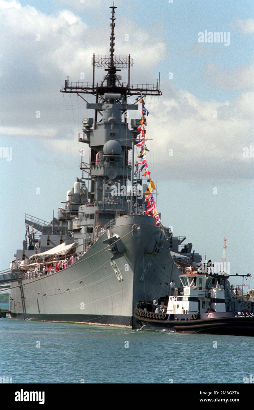 The battleship USS MISSOURI (BB-63) stands moored to a pier following its arrival in port during ...