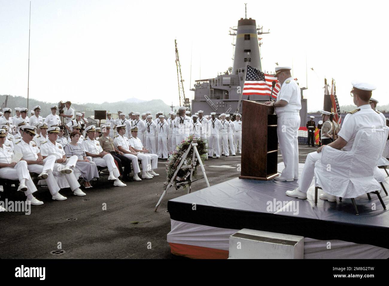 VADM Stanley R. Arthur, commander, U.S. Seventh Fleet, speaks to crew ...