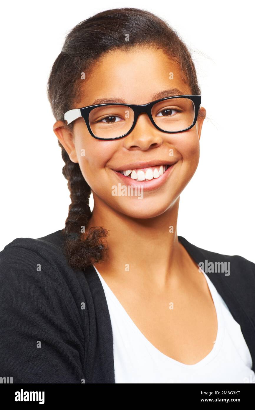 Young, teen girl and student portrait with glasses and smile with happy face and white ...