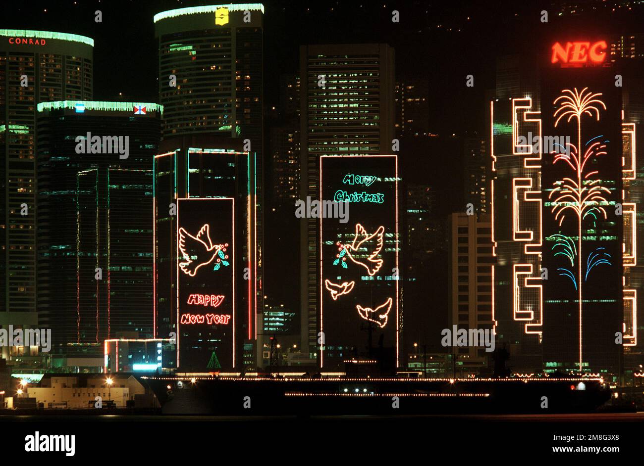 A view of the amphibious command ship USS BLUE RIDGE (LCC-19) bedecked ...