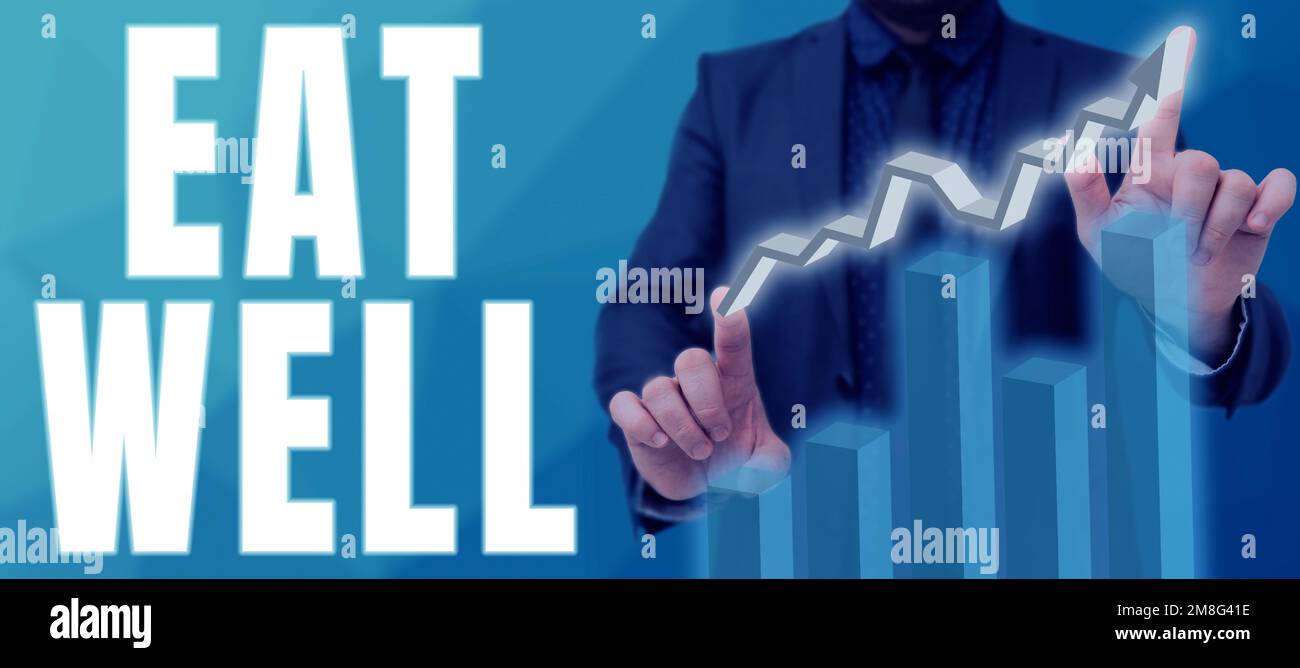 Hand writing sign Eat Well. Word Written on Practice of eating only ...