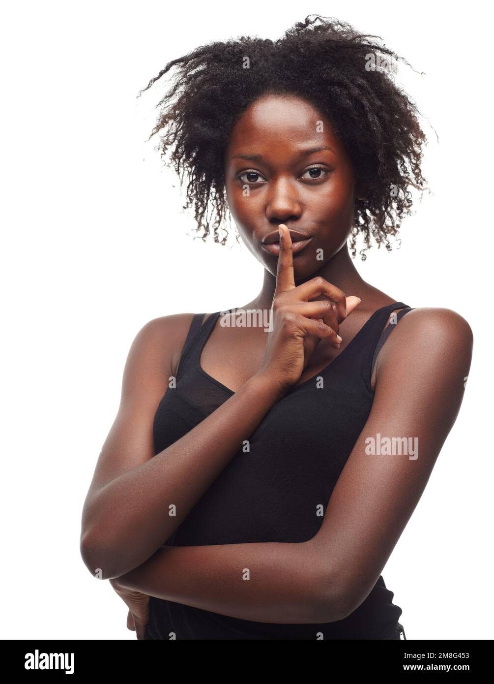Secret, skincare and portrait of a black woman in studio with beautiful ...