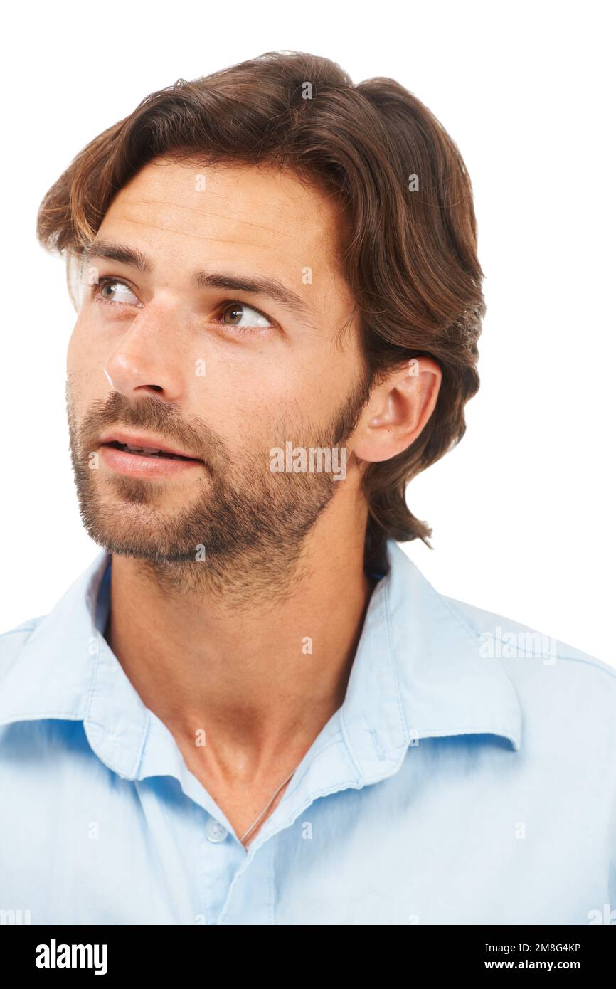 Thinking, ideas and face of businessman on a white background for ...