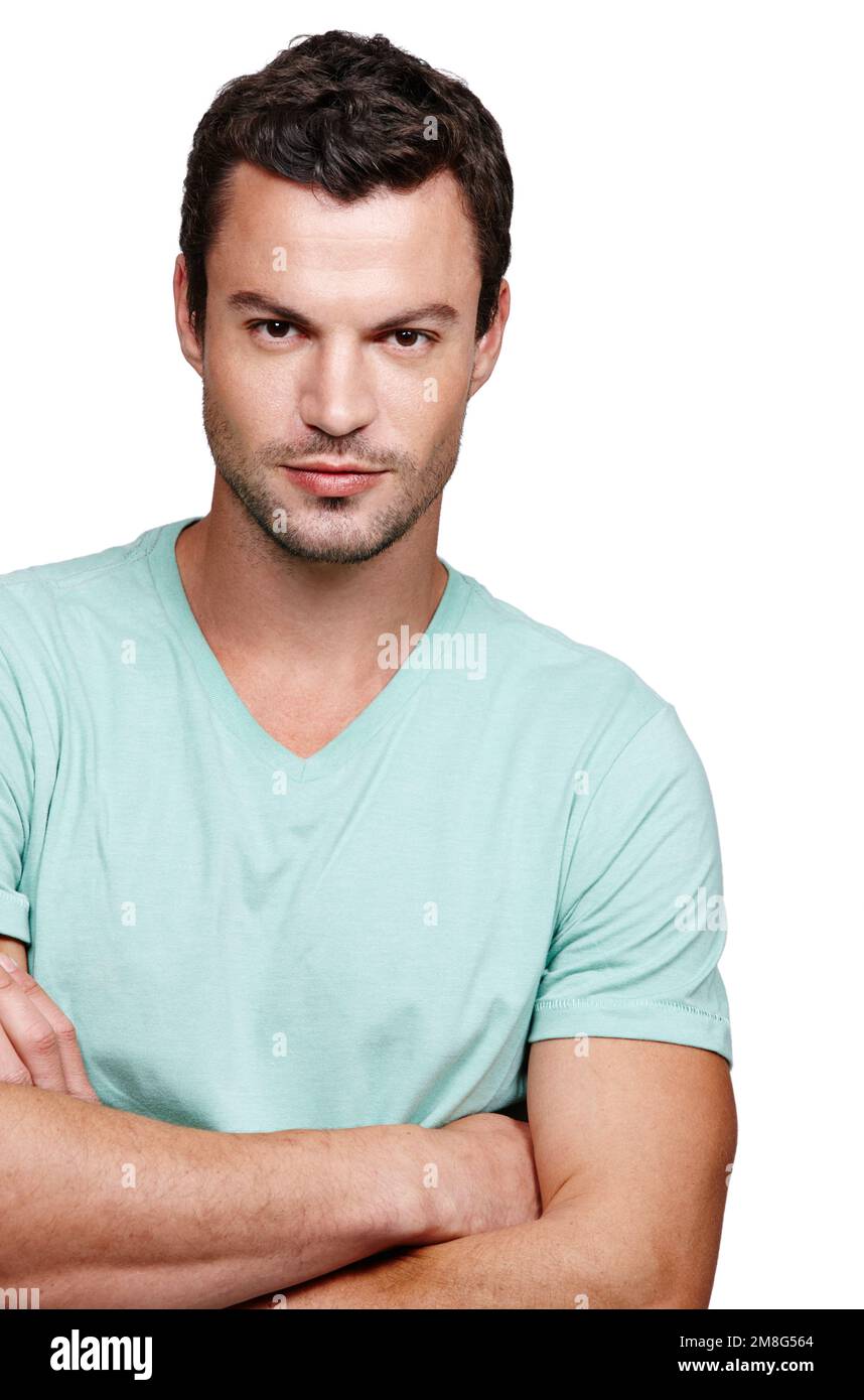 Portrait, arms crossed and man focus, mindset and guy isolated on white ...