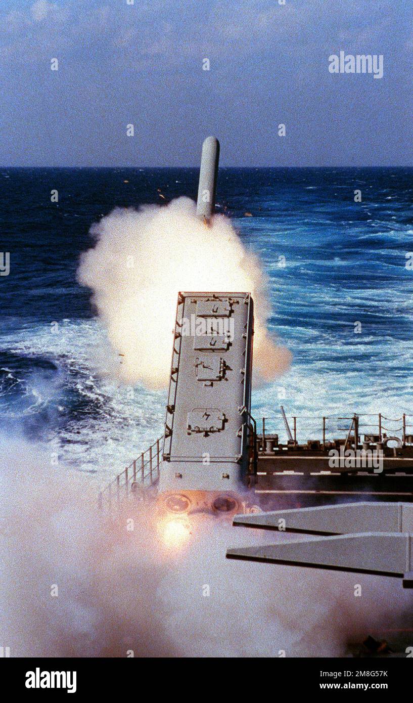 Copy image of the launch of BGM-109 Tomahawk cruise missile from its MK-143 Armored Box Launcher ...