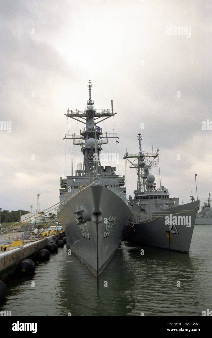 The destroyer USS SPRUANCE (DD-963), left, and the guided missile ...