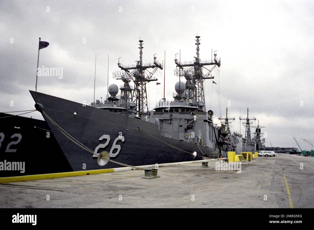 The guided missile frigate USS GALLERY (FFG-26) lies tied up to the ...