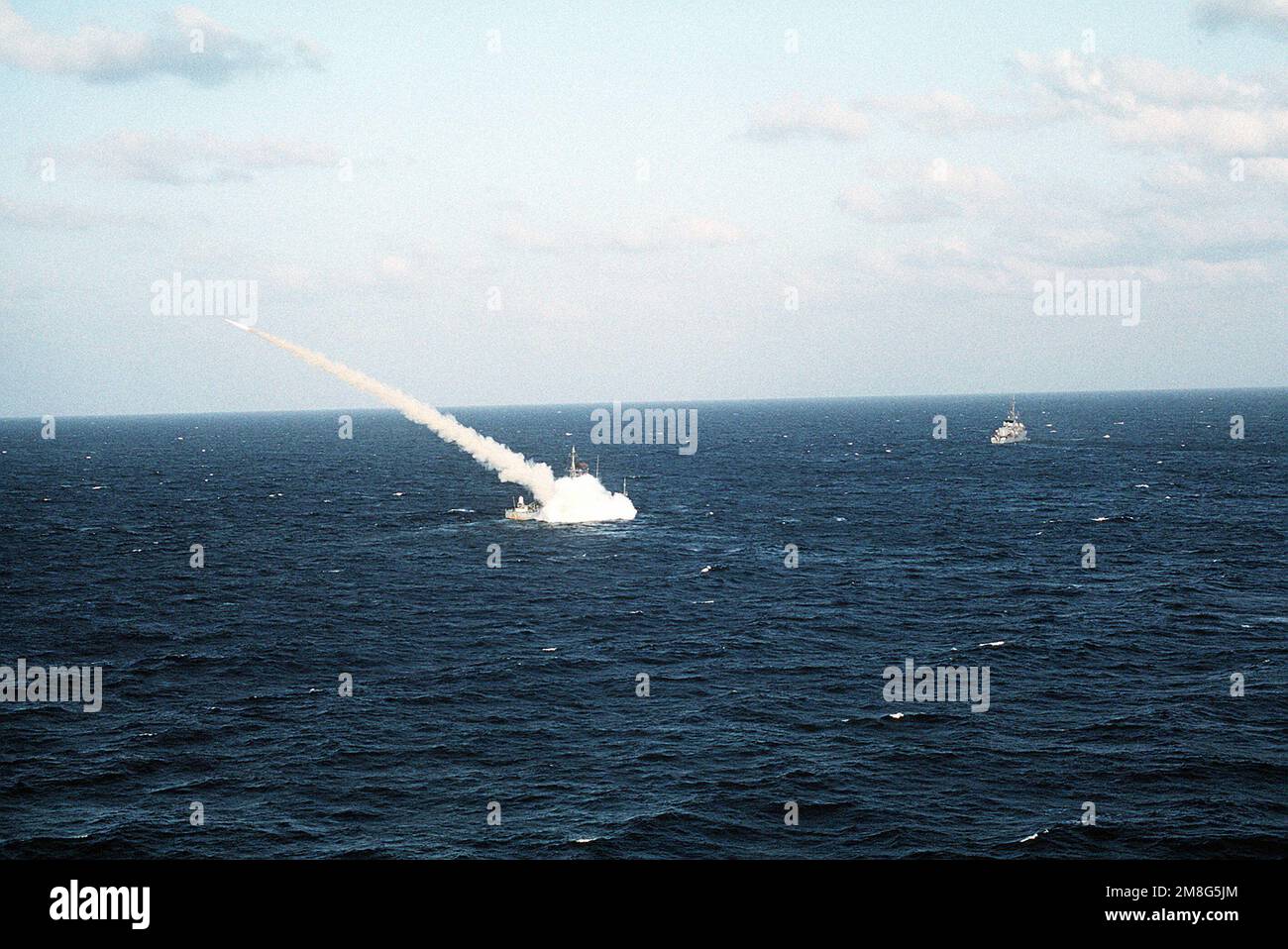 A Saudi Arabian missile corvette fires an RGM-84A Harpoon anti-ship ...