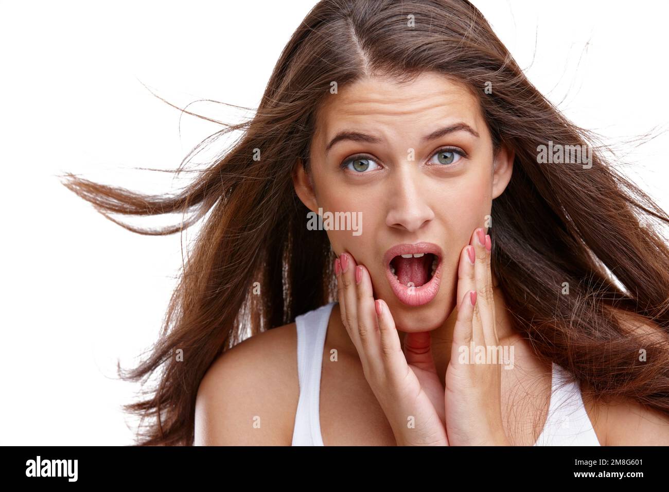 Woman, face portrait and wow for surprise sale, discount or promotion ...