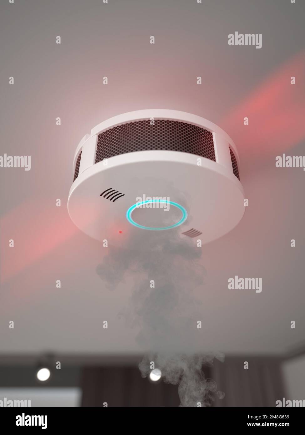 Smoke and alarming detector on the room ceiling. 3D illustration Stock ...