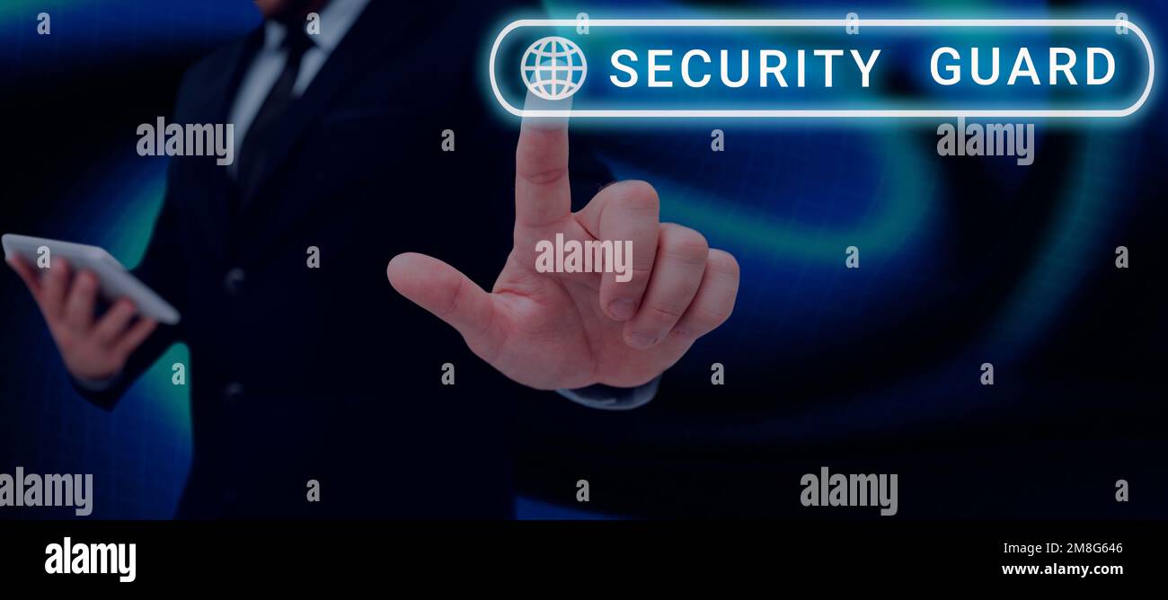 Hand writing sign Security Guard, Concept meaning tools used to manage ...