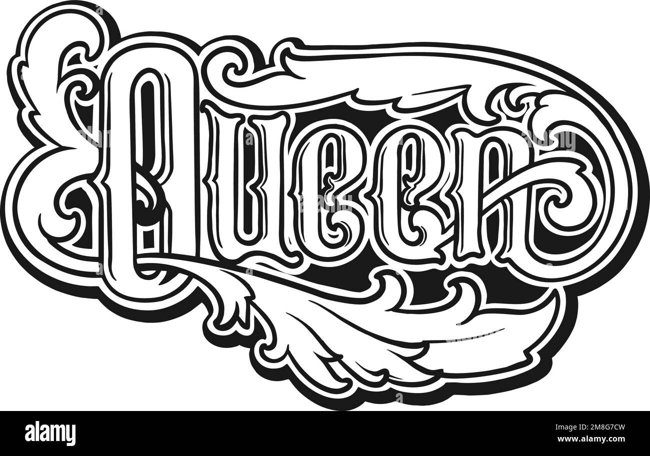 Vintage queen hand lettering word swirls flourish outline vector ...
