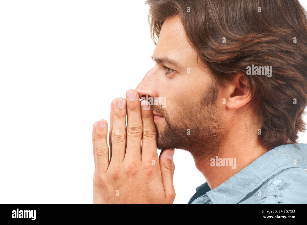 Thinking, doubt and mockup with a man in studio isolated on a white ...