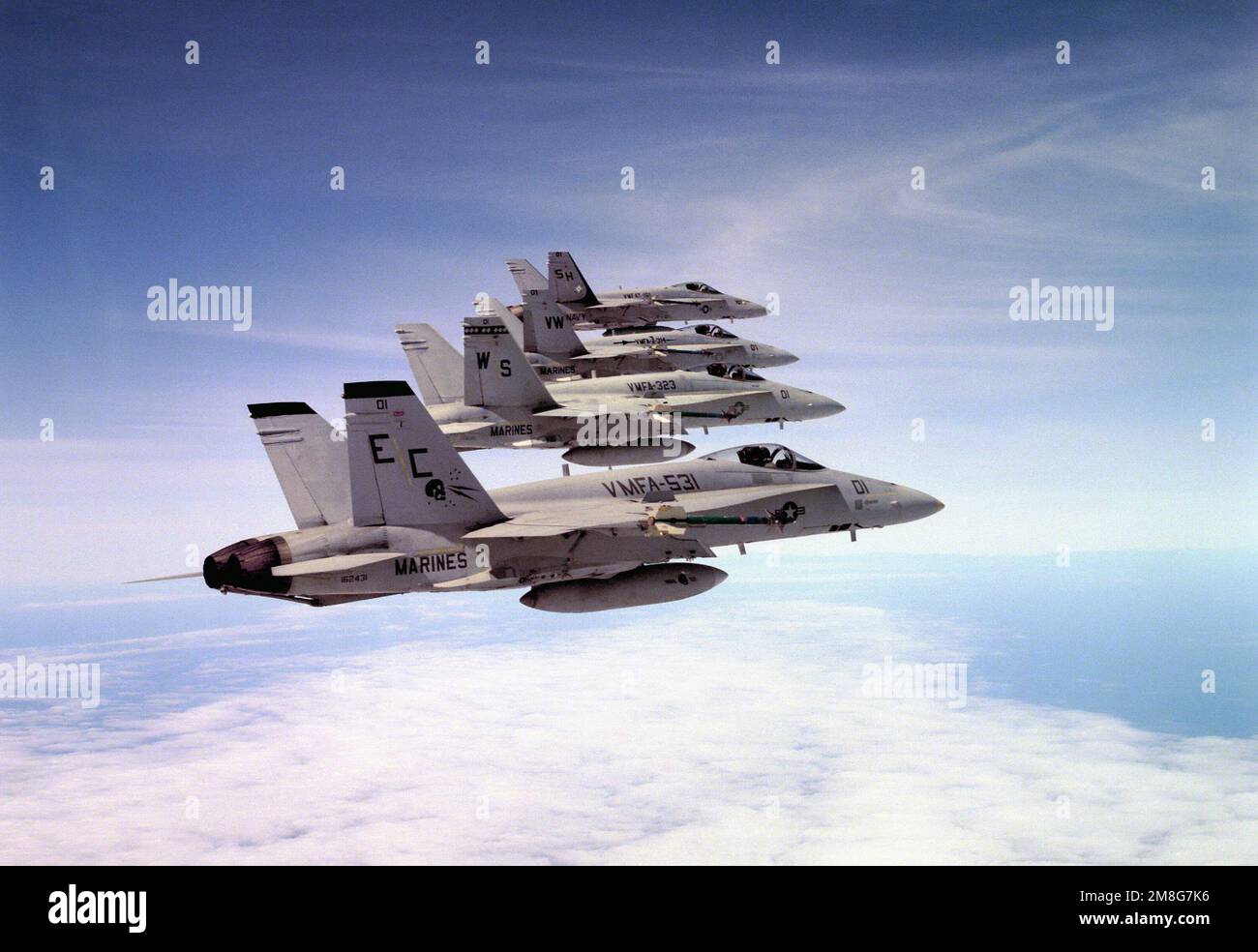 Right rear view of four F/A-18A Hornet strike fighter aircraft of ...