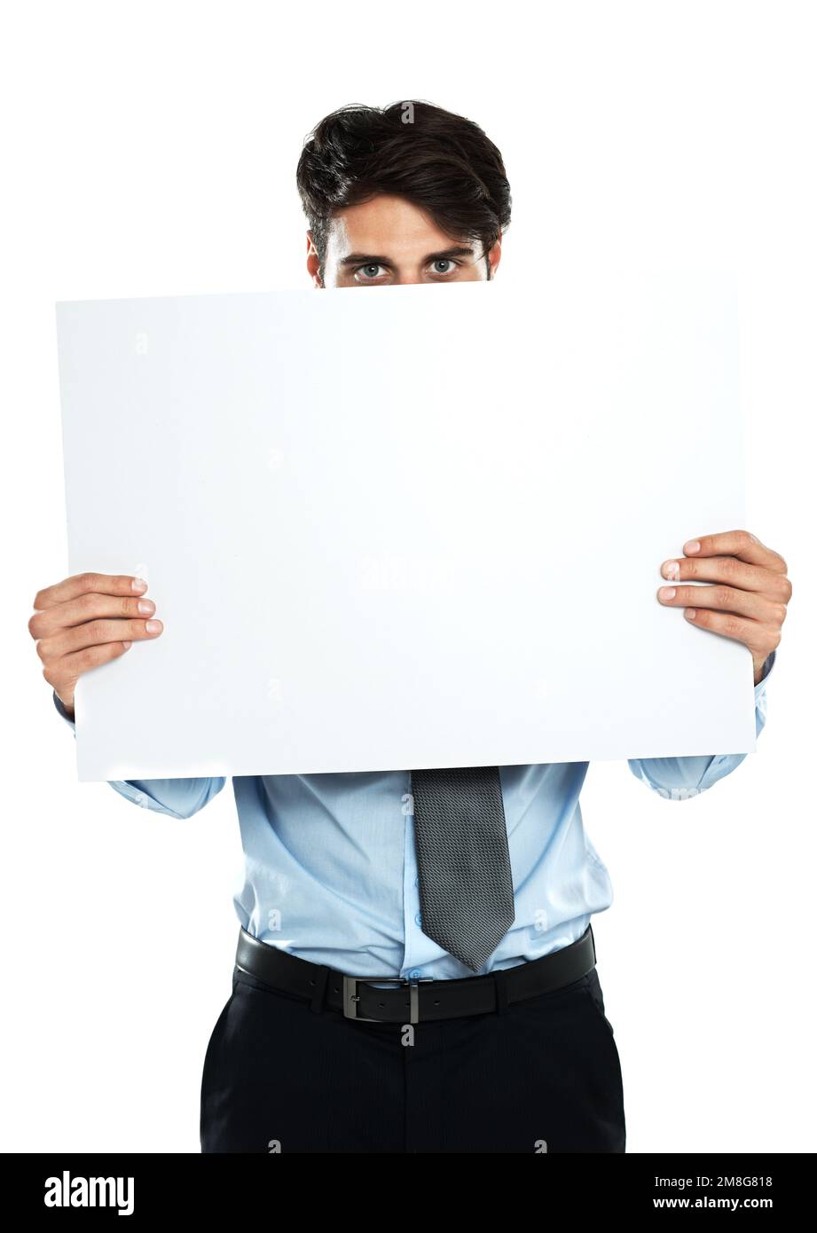 Placard mock up, portrait and business man with marketing poster ...